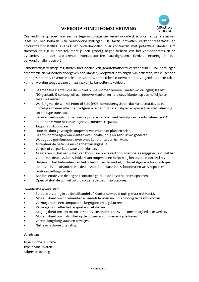 Verkoop Functieomschrijving | Templates at allbusinesstemplates.com