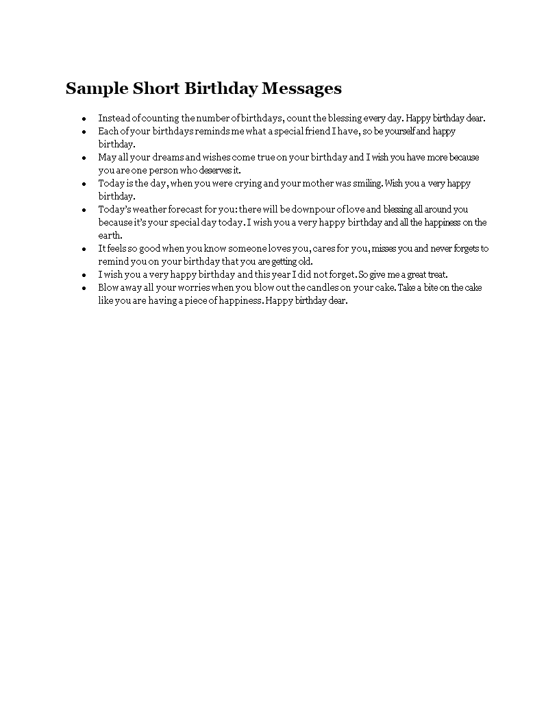 Sample Short Birthday Messages | Templates at allbusinesstemplates.com