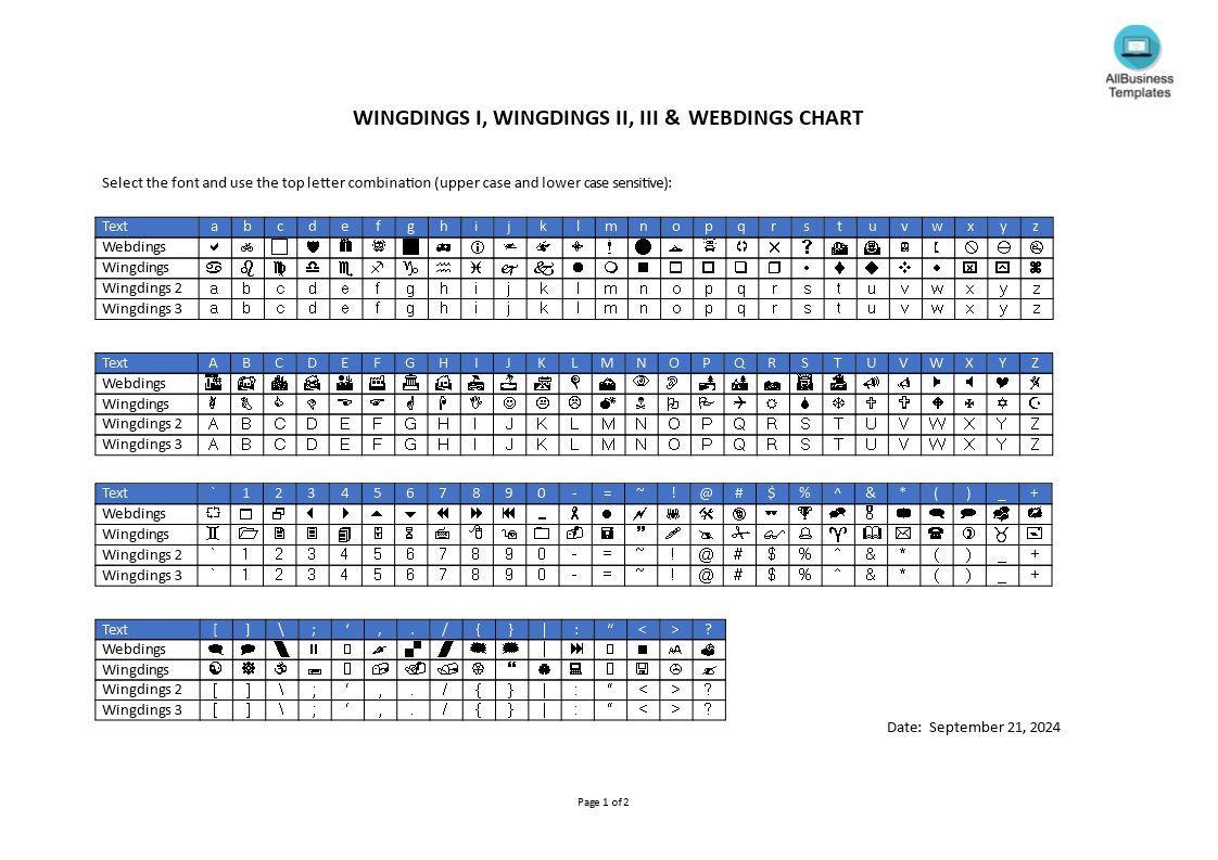Wingdings Webdings Symbols chart | Templates at allbusinesstemplates.com