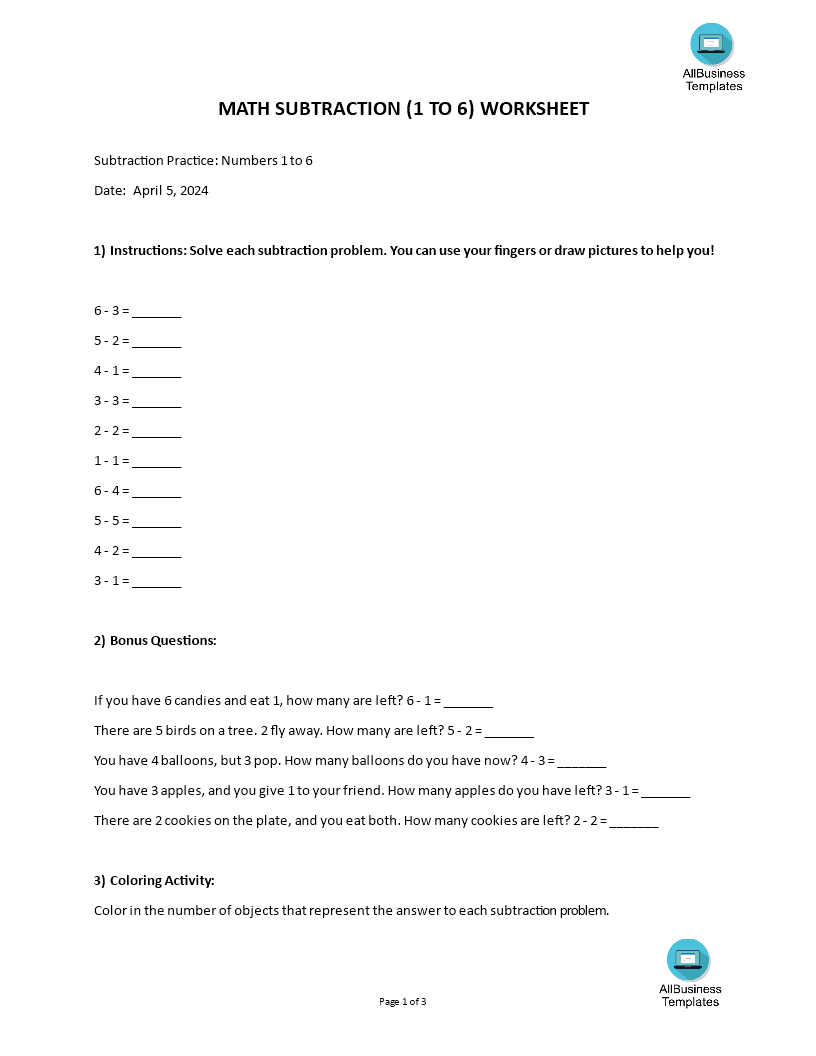 Single digit subtraction Grade 1 Math Worksheet Gratis