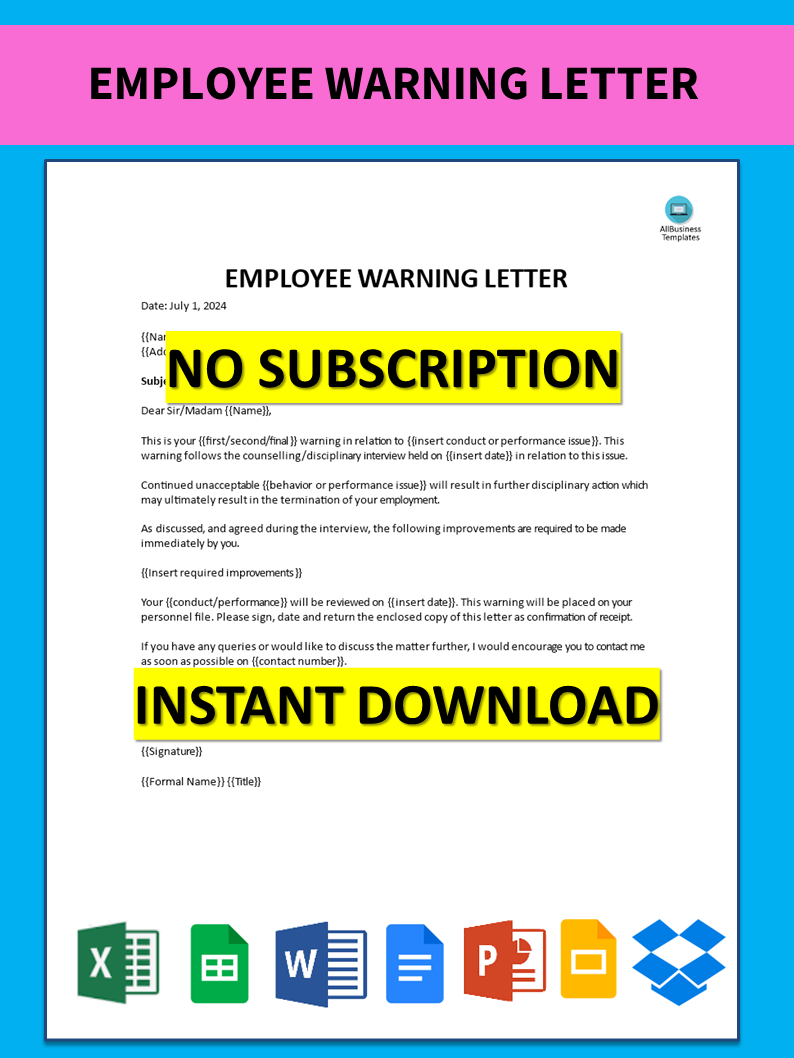 Employee Warning Letter due to unacceptable Conduct | Templates at ...