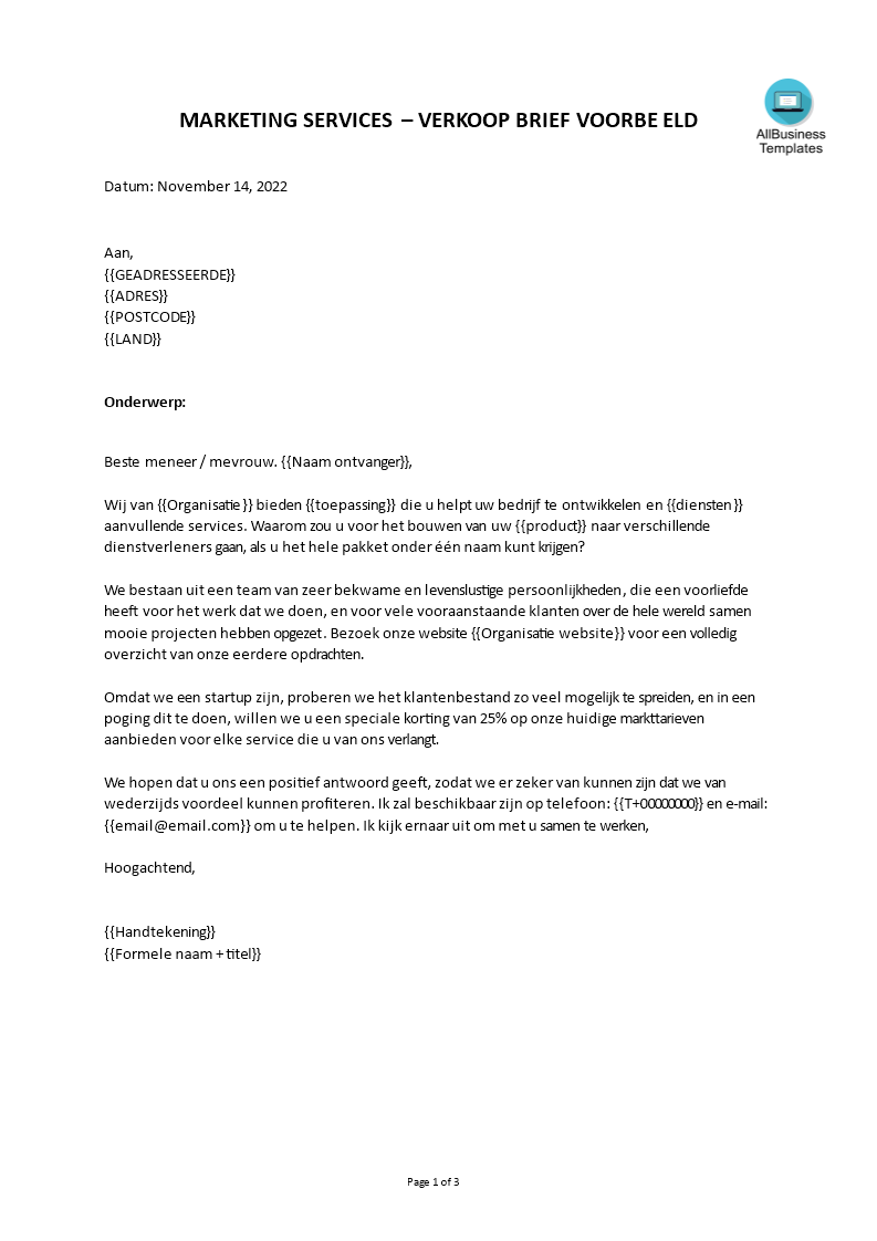 Kostenloses Verkoopbrief Voorbeeld