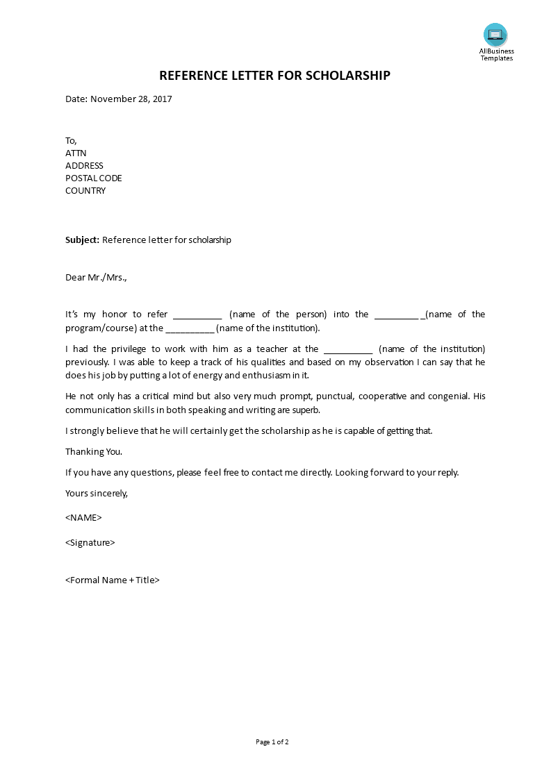 Reference Letter For Scholarship Templates At Allbusinesstemplates