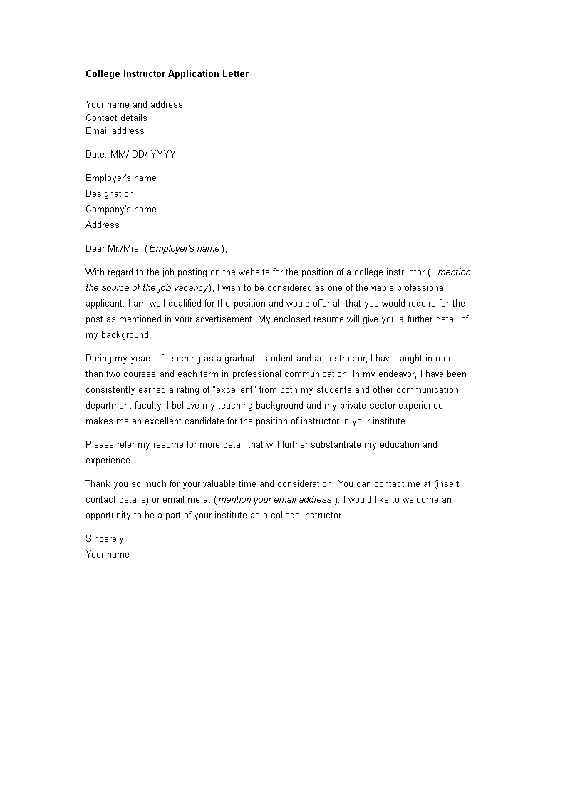 College Instructor Application Letter Templates At 