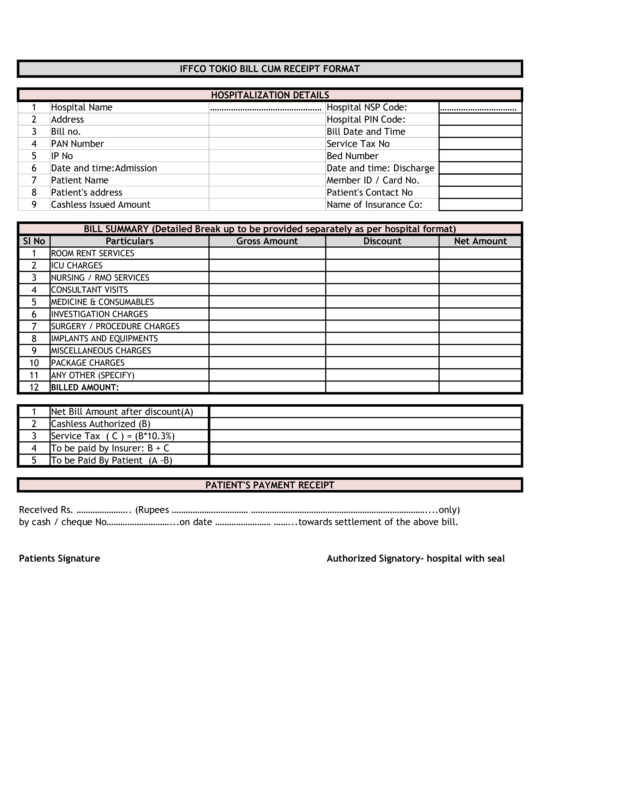 Printable Hospital Bill Receipt
