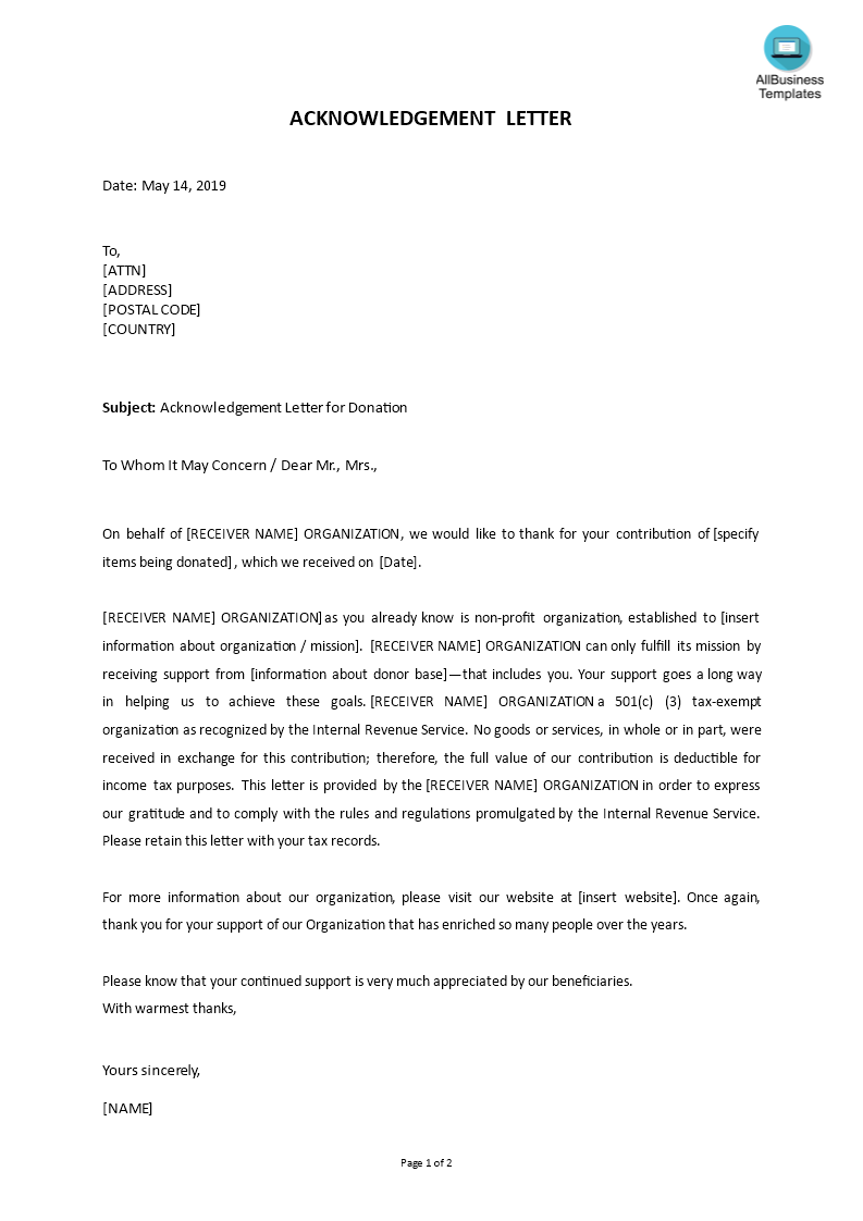 Sample Acknowledgement Letter For Donation Templates At