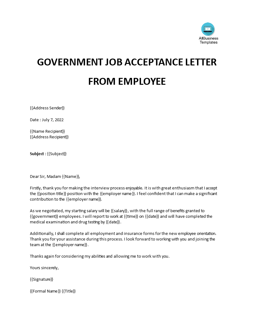 Job Offer Acceptance Letter From Employer | Templates at ...