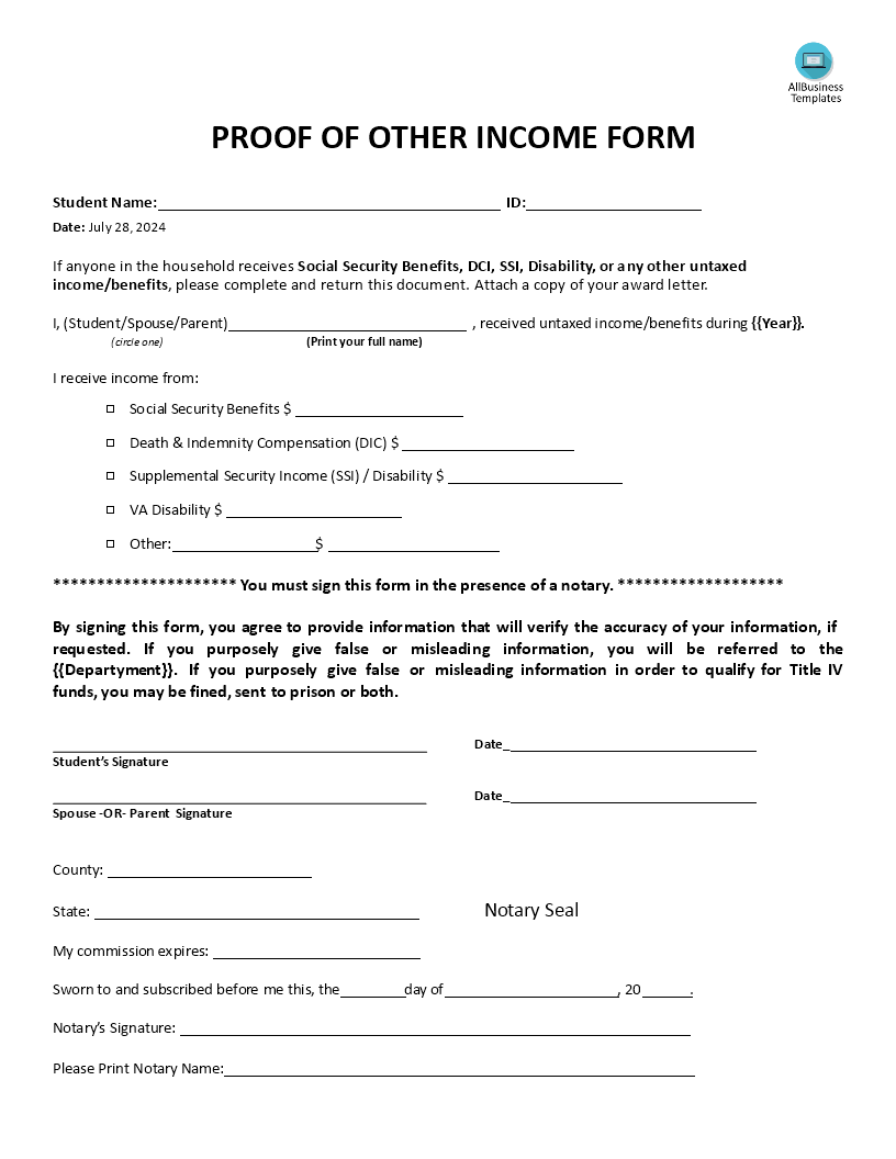 Proof Of Other Income Form | Templates at allbusinesstemplates.com