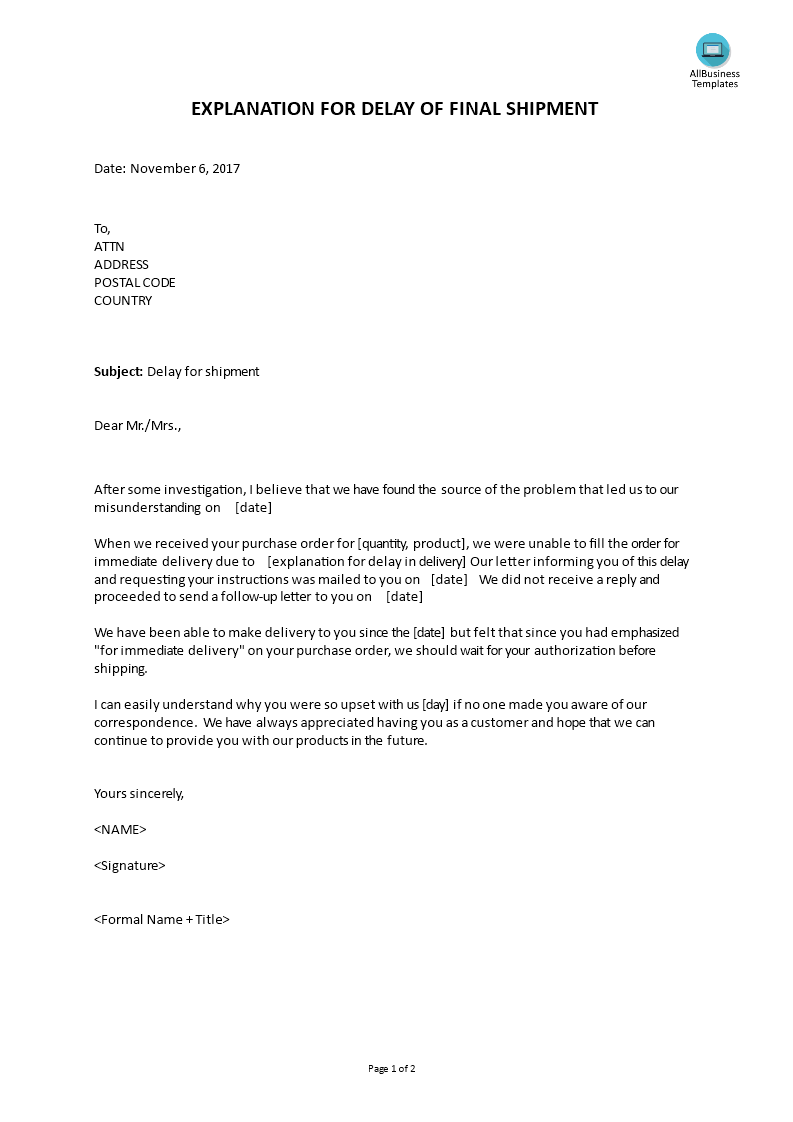 Explanation Letter Delay Of Shipment Allbusinesstemplates
