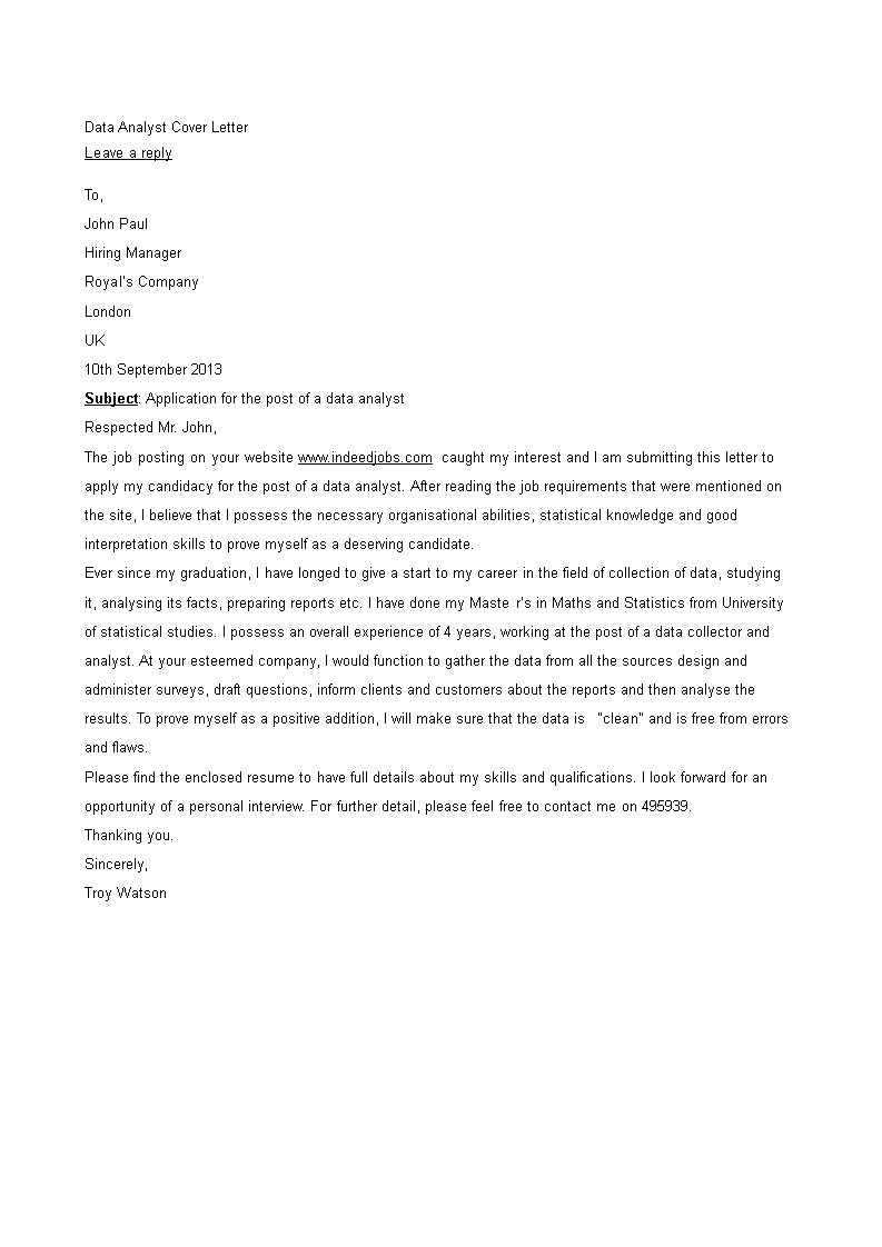 Cover Letter Data Analyst