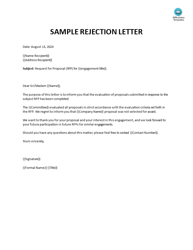 Request For Proposal Rejection Letter | Templates at ...