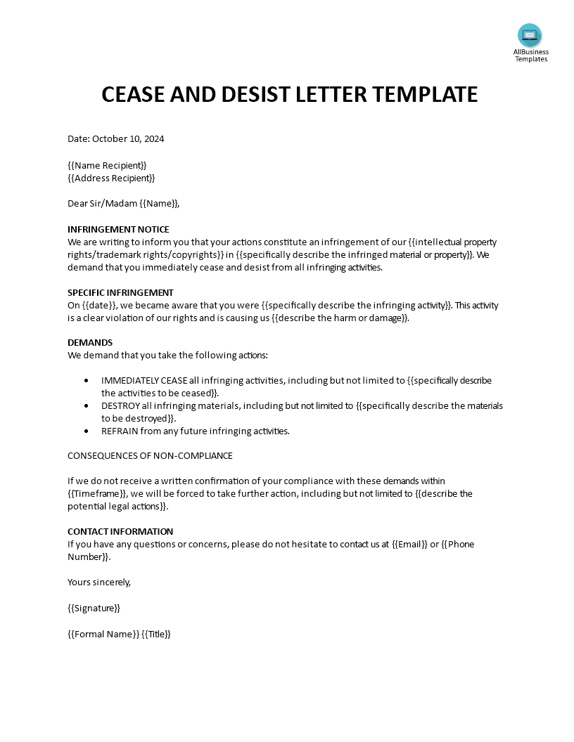 IP Cease and Desist Letter | Templates at allbusinesstemplates.com