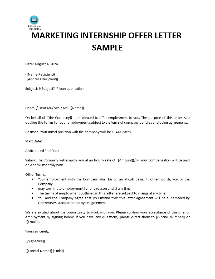 Sample Marketing Internship Offer Letter | Templates at ...