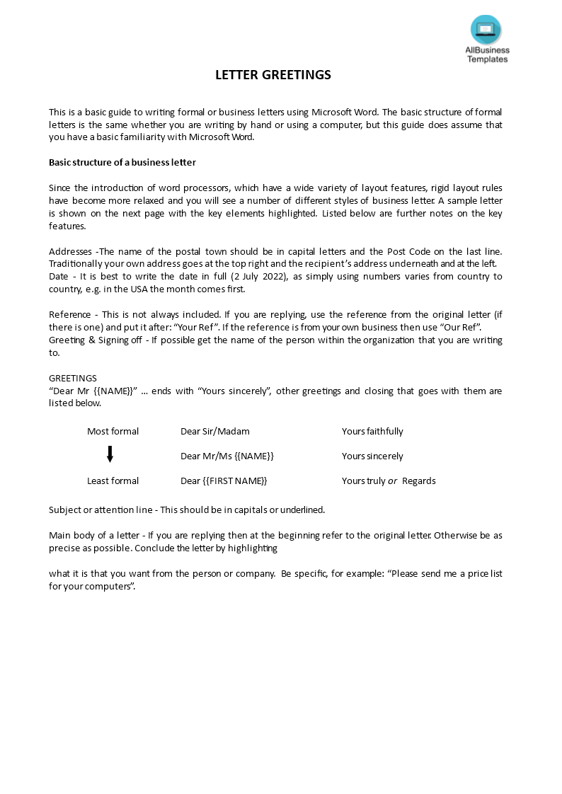 Letter Greetings Templates At Allbusinesstemplates