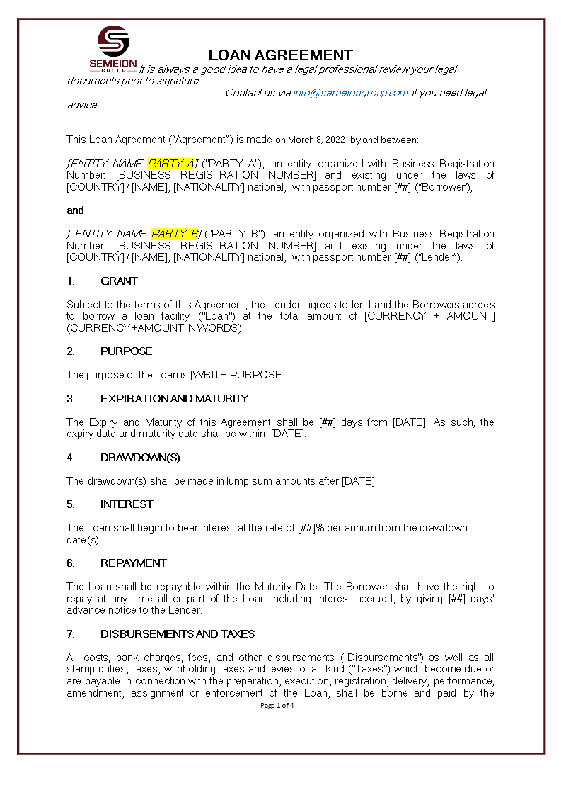 Prima Loan Agreement Template Borrower And Lender