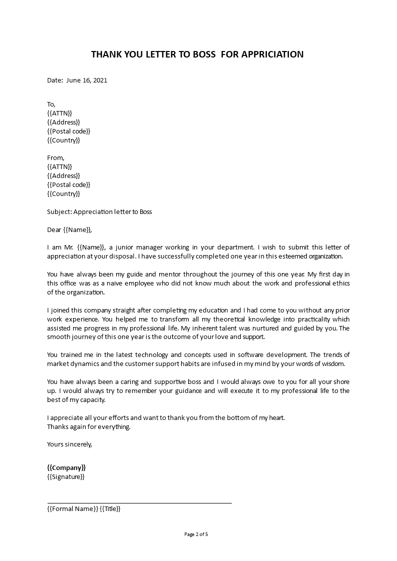 Thank You Letter To Boss for positive improvement team | Templates at ...