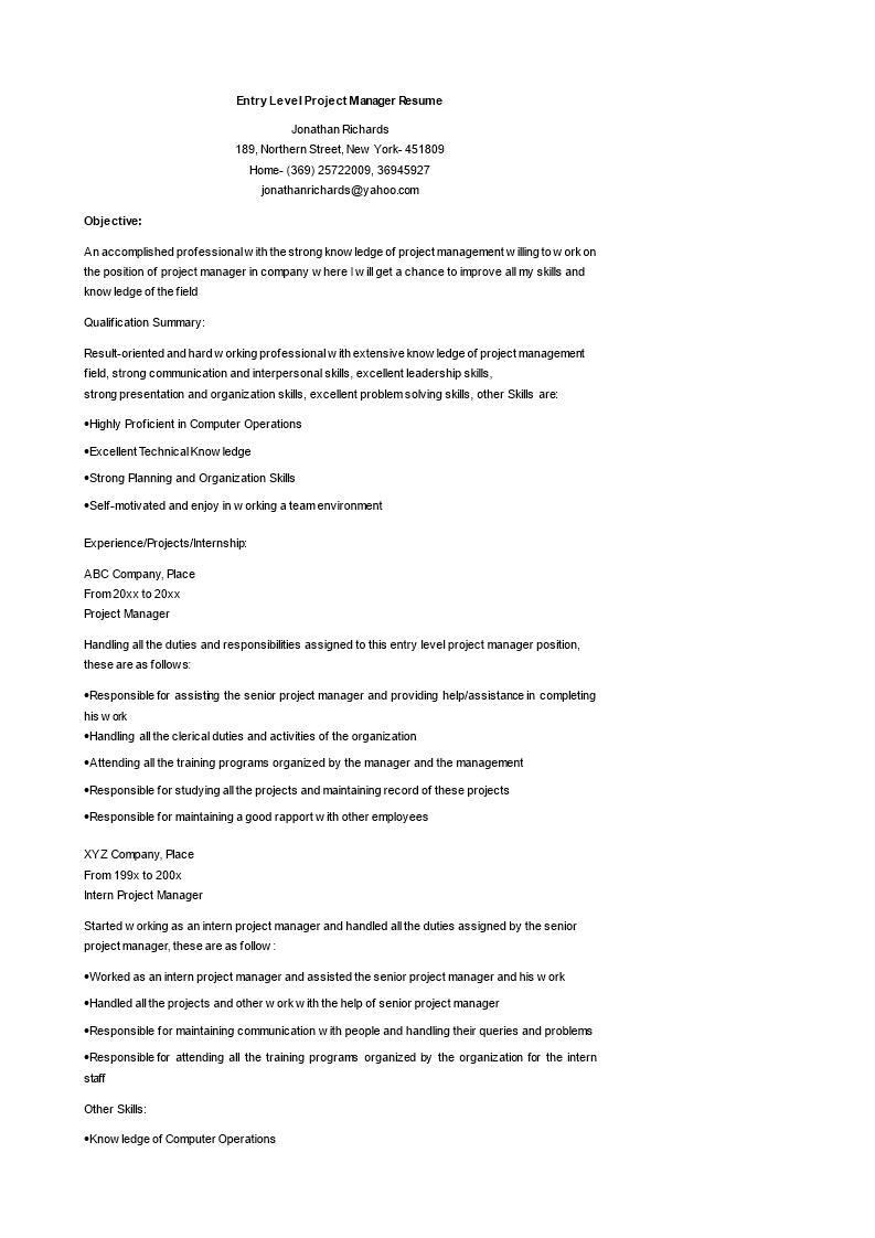 Entry Level Project Manager Resume Templates At Allbusinesstemplates