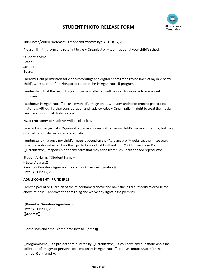 Prima School Photo Release Form