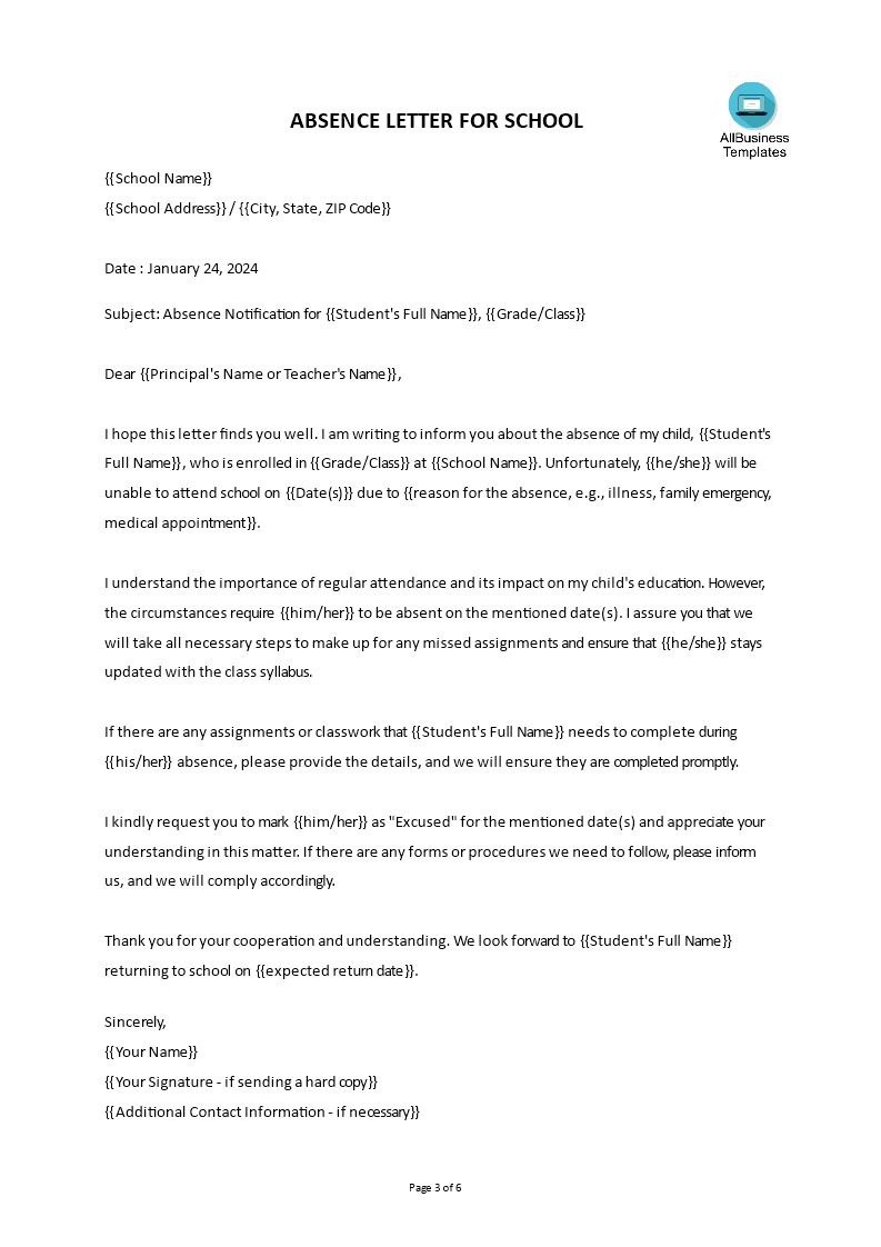 Absence Letter for School | Templates at allbusinesstemplates.com