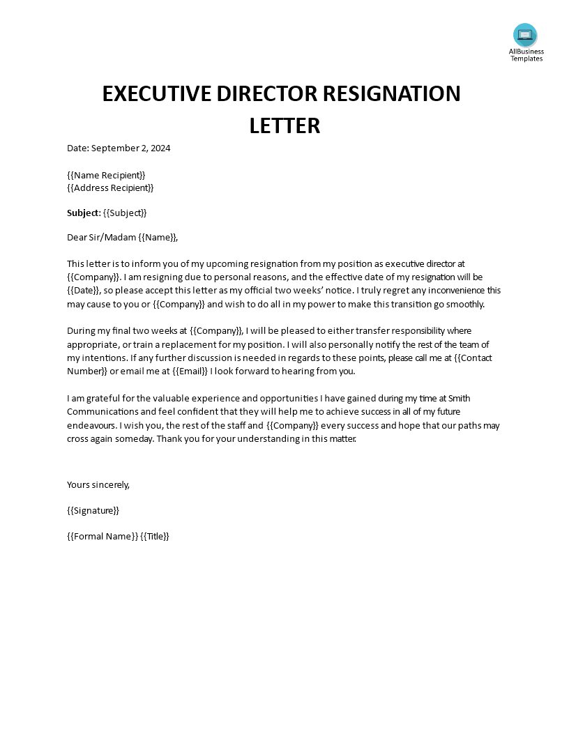 Executive Director Resignation Letter | Templates at ...