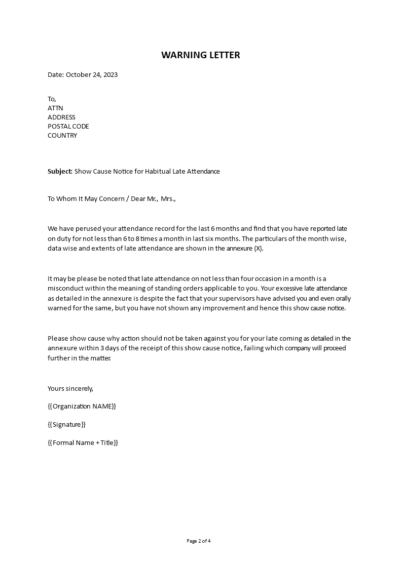 Warning Letter For Late Attendance | Templates at allbusinesstemplates.com