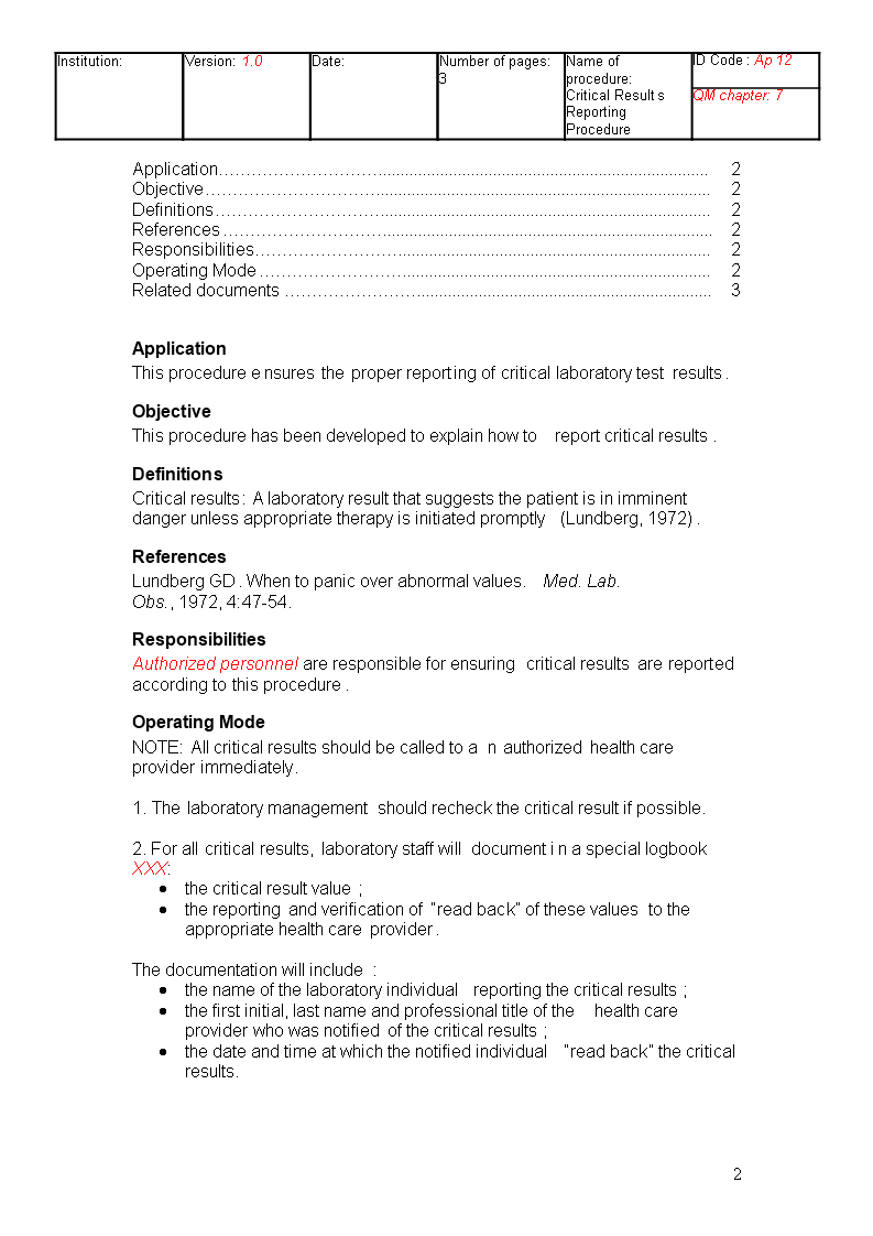 Critical results reporting procedure | Templates at ...