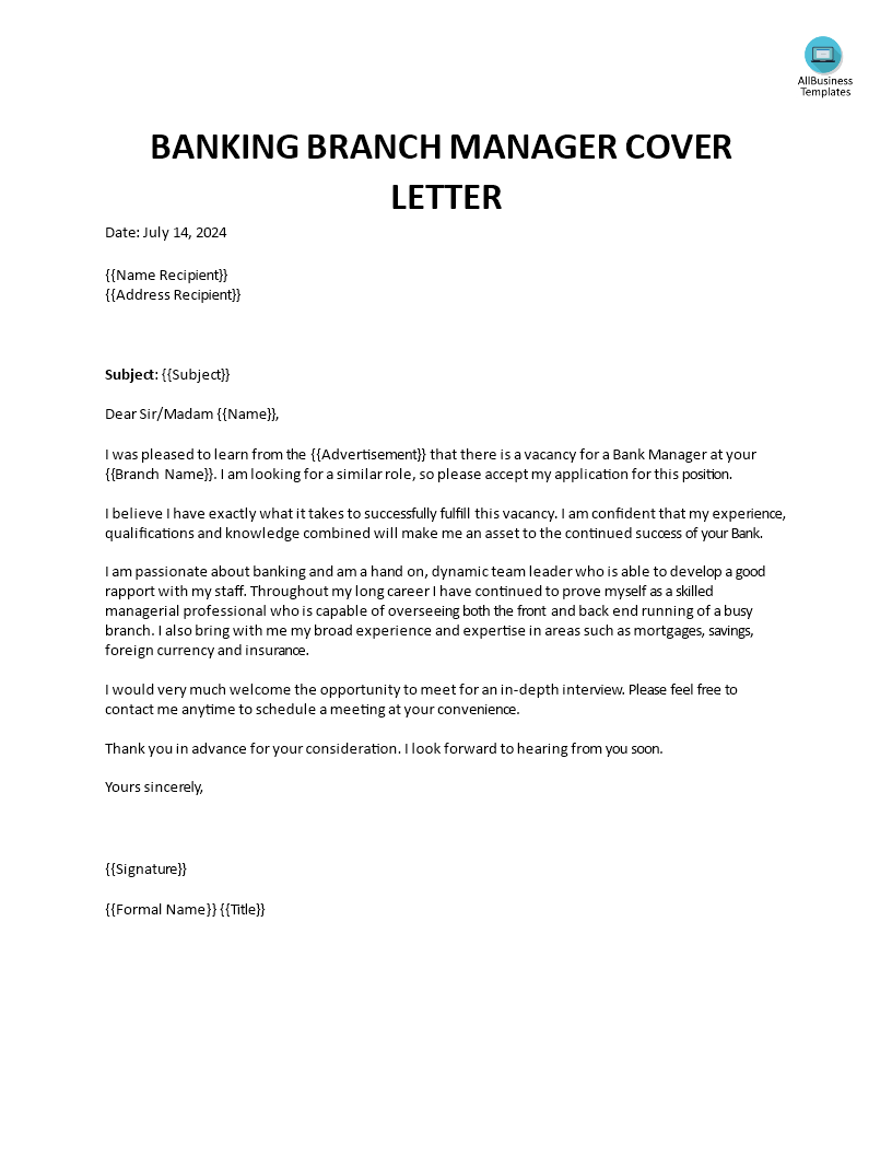 Banking Branch Manager Cover Letter | Templates at allbusinesstemplates.com