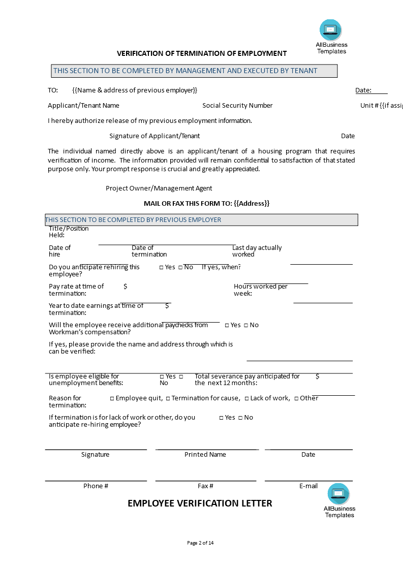 Employee Termination Verification Letter | Templates at ...