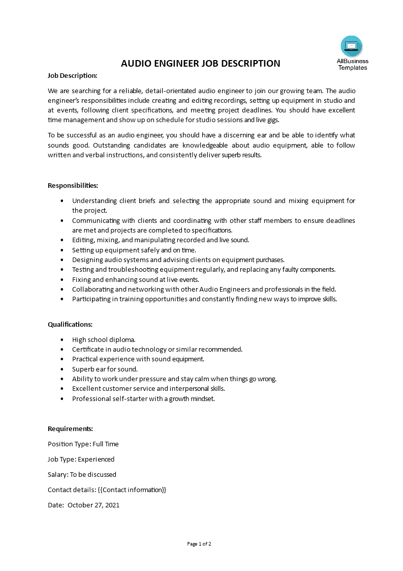 Audio Engineer Job Description Templates At Allbusinesstemplates