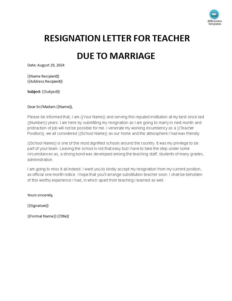 Resignation Letter for Teacher Due to Marriage | Templates at ...