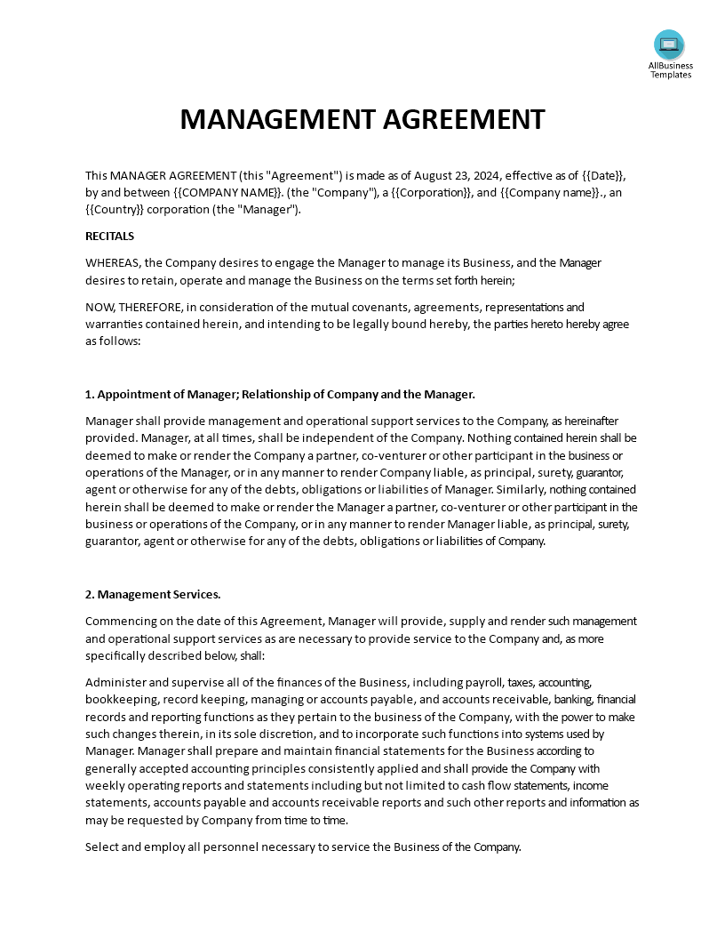 Manager Agreement | Templates at allbusinesstemplates.com