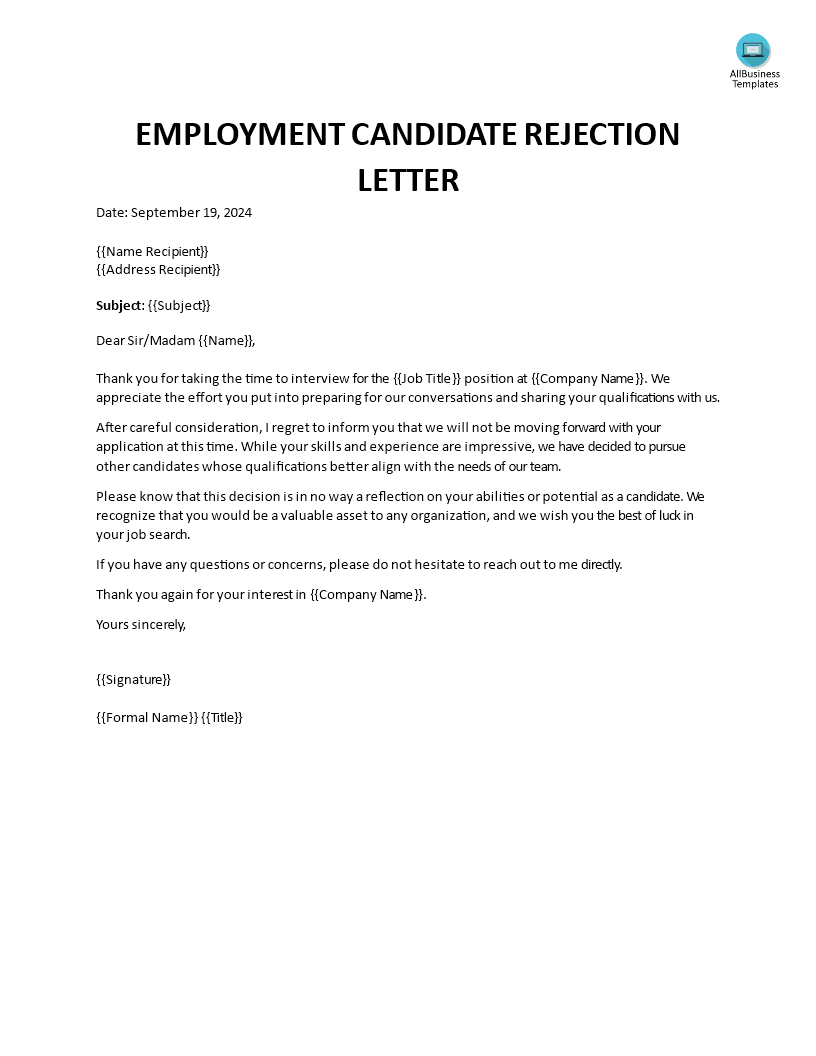 Employment Candidate Rejection Letter | Templates at ...