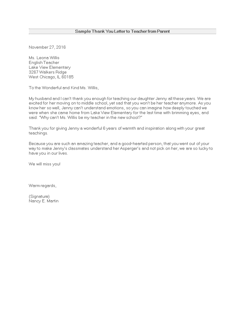Thank You Letter To Teacher From Parent Templates At