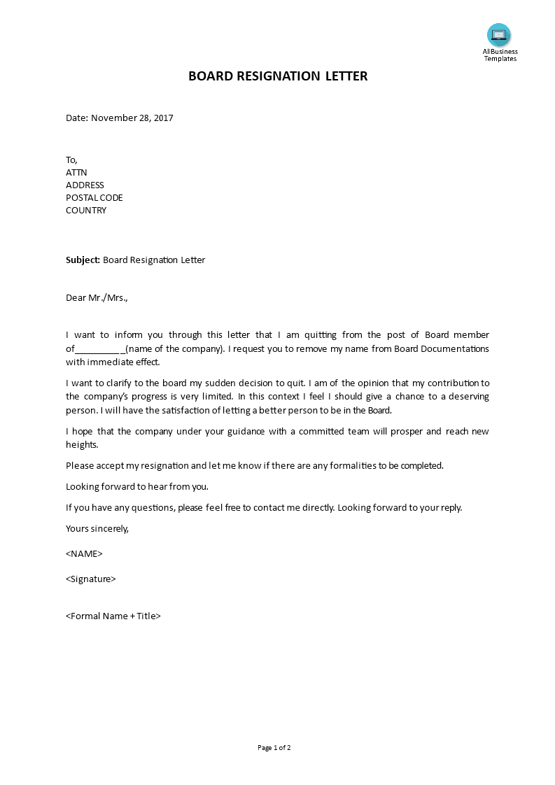 Board Resignation Letter Templates At Allbusinesstemplates