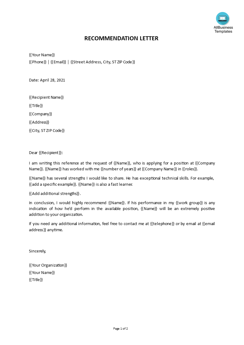 免费 Letter of recommen | 样本文件在 allbusinesstemplates.com