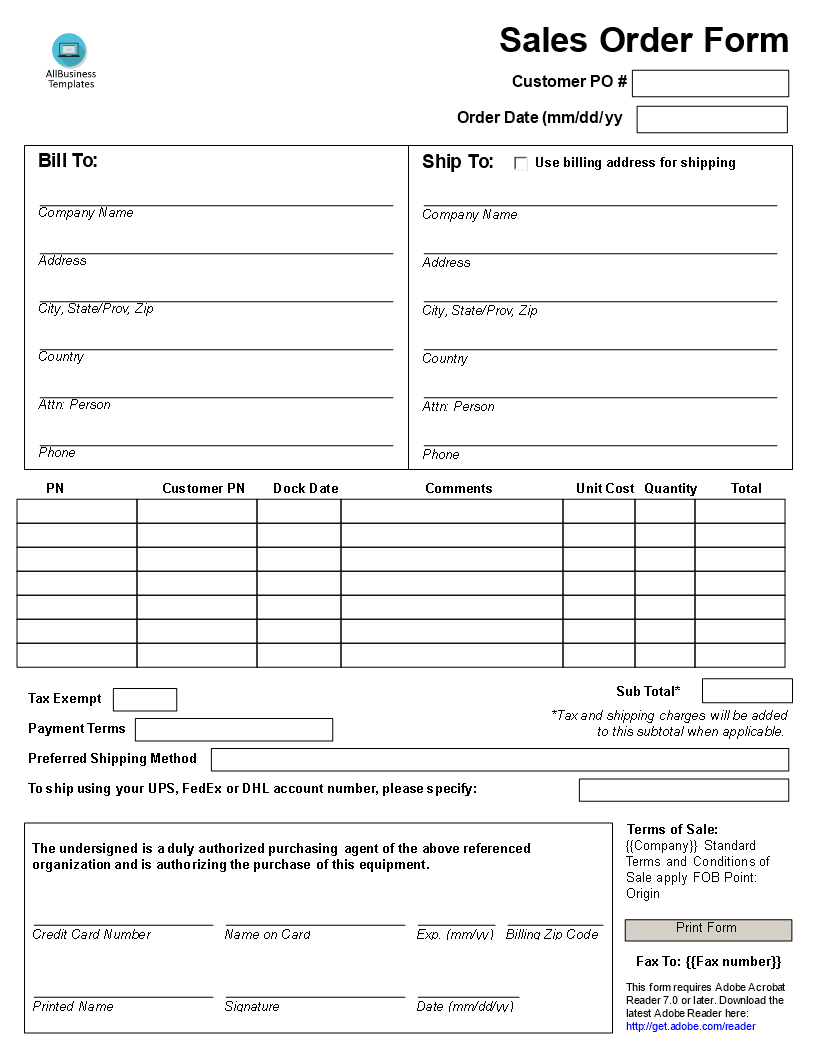 Sample Sales Order Form | Templates at allbusinesstemplates.com