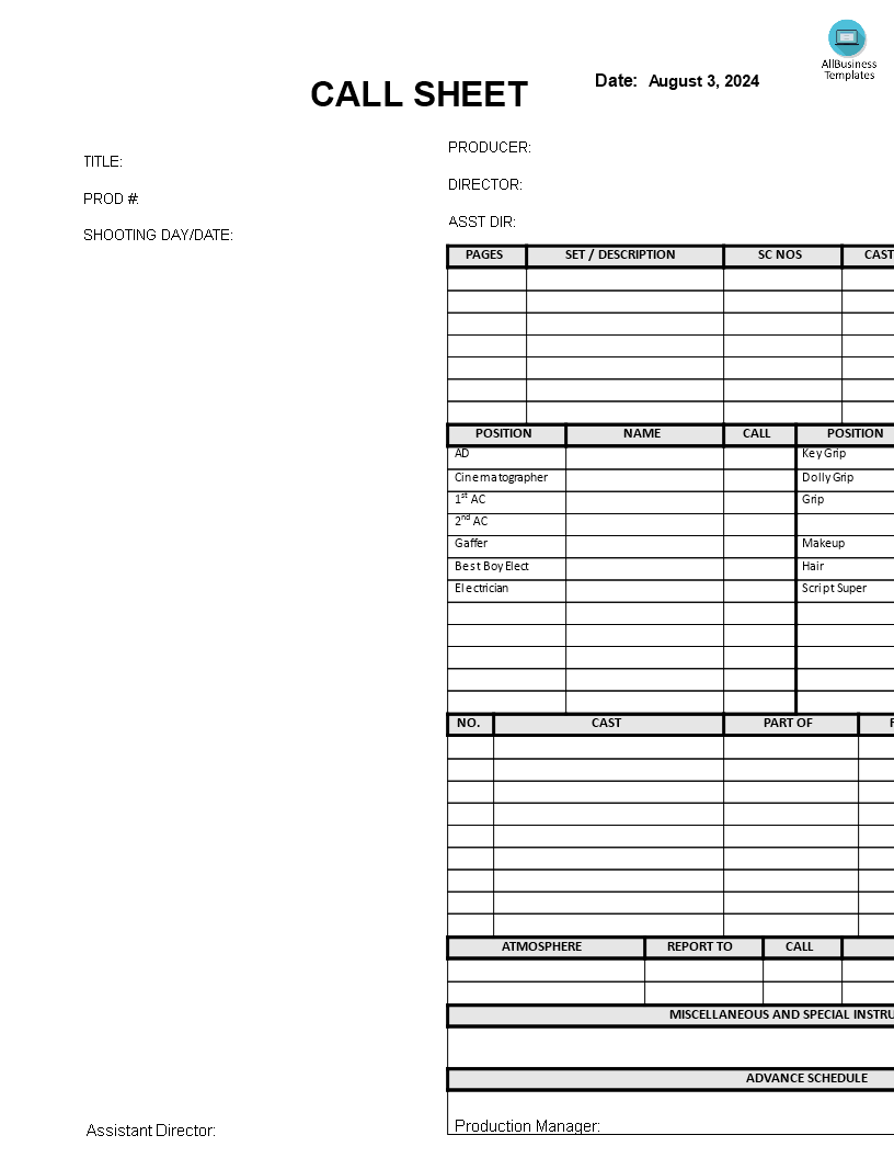 免费 Production Call Sheet | 样本文件在 allbusinesstemplates.com