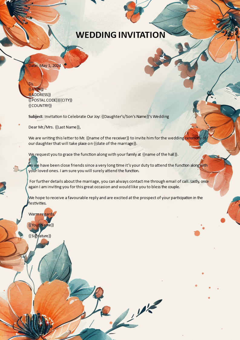 免费 Wedding Invitation Letter template | 样本文件在 allbusinesstemplates.com