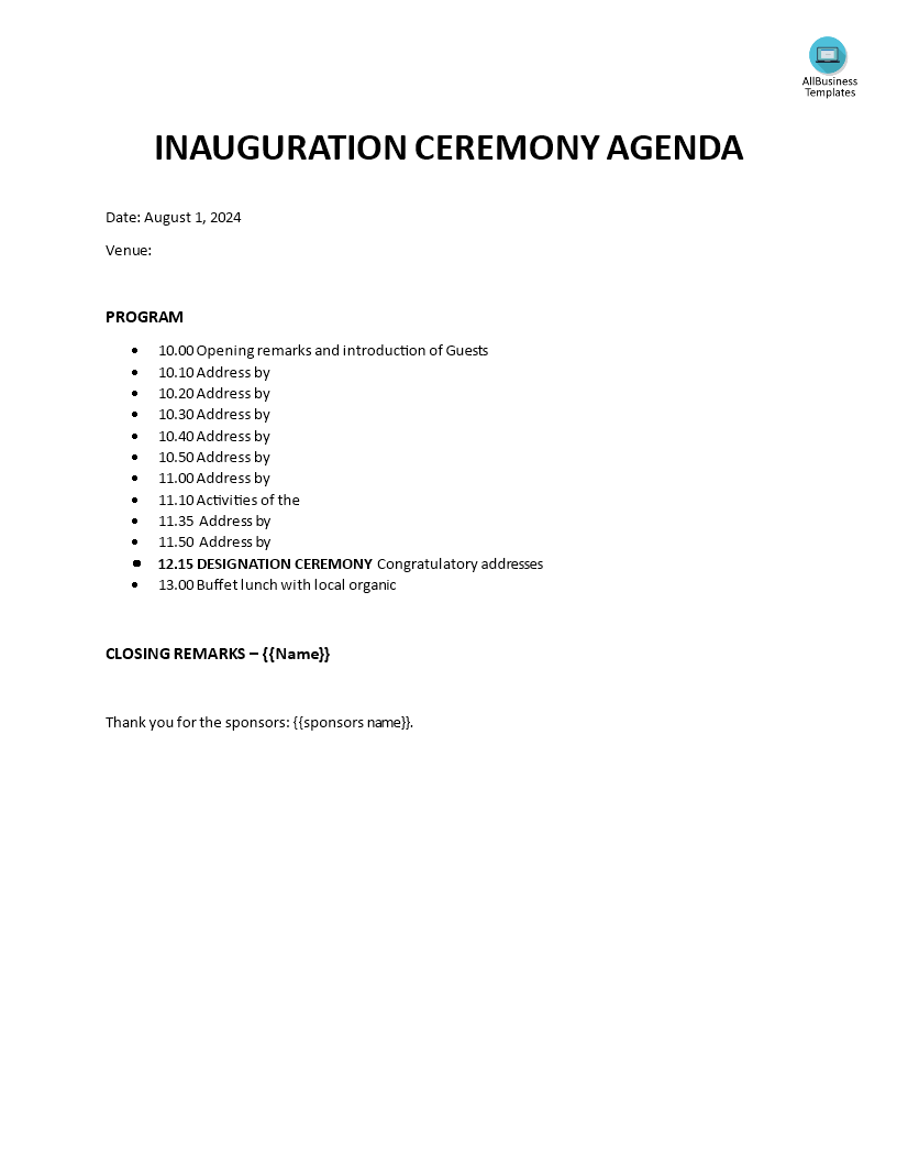 Inauguration Ceremony Agenda | Templates at allbusinesstemplates.com