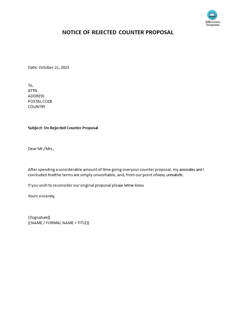 Notice of Counter Proposal | Templates at allbusinesstemplates.com