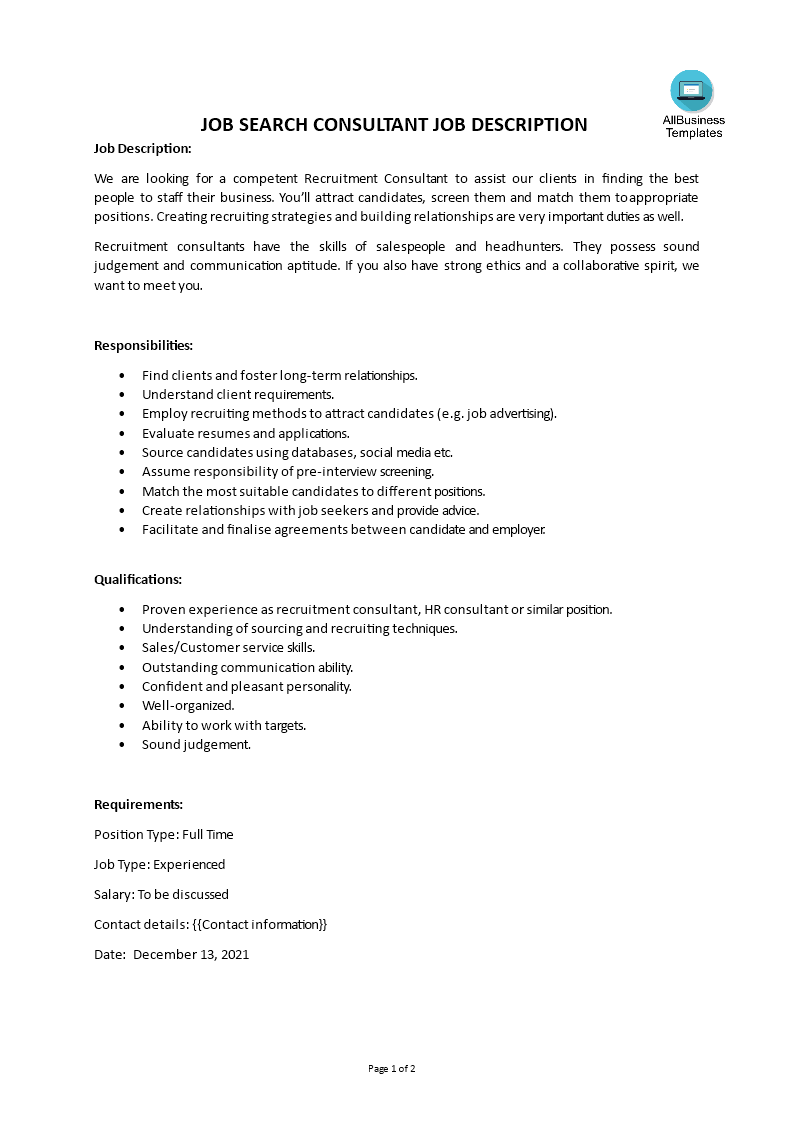 Job Search Consultant Job Description | Templates at ...