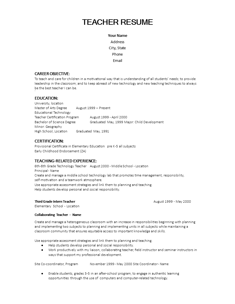 Preschool Teacher Resume | Templates at allbusinesstemplates.com