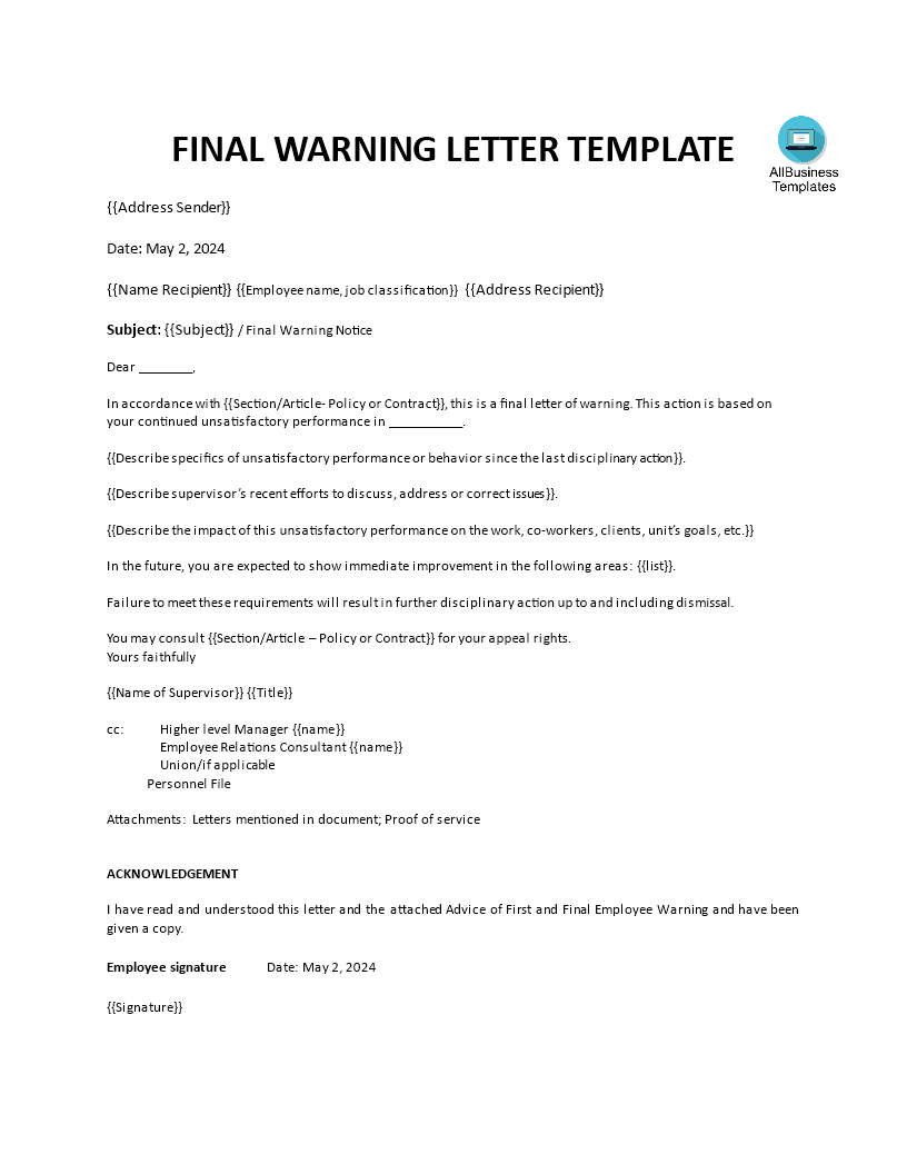 Sample Final Warning Letter For Poor Performance | Templates at ...