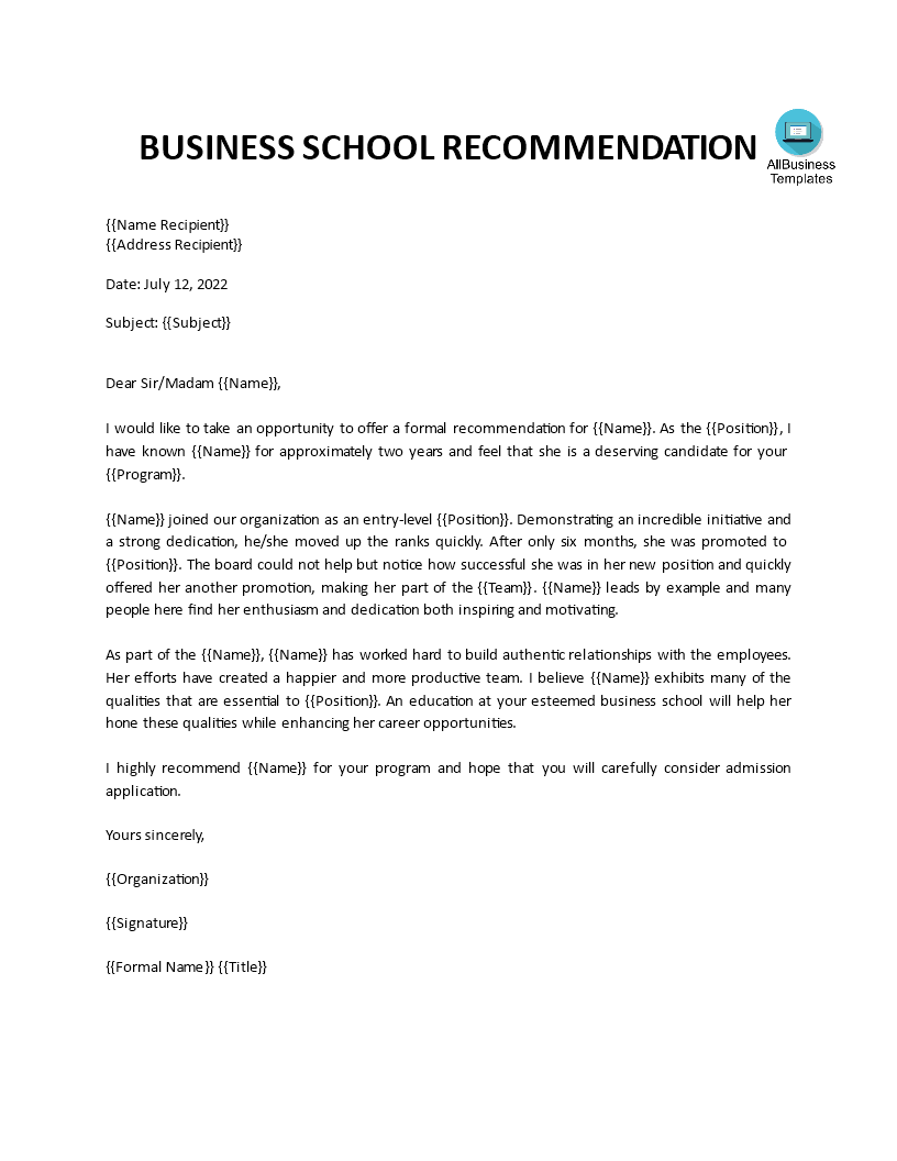 Business School Academic Recommendation Letter | Templates at ...