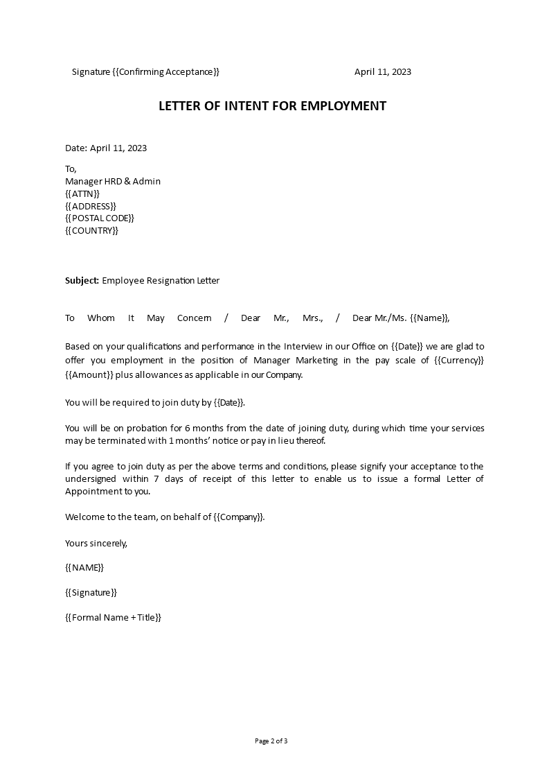 Letter of Intent For Employment | Templates at allbusinesstemplates.com