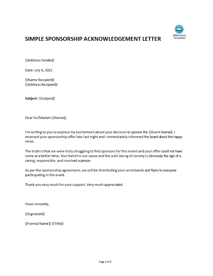 Gratis Bedankbrief aan sponsor