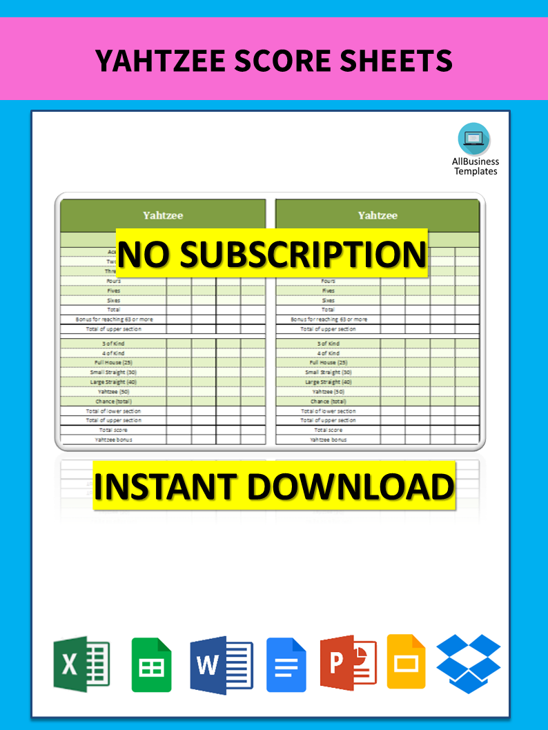 Yahtzee Score Sheets in excel | Templates at allbusinesstemplates.com