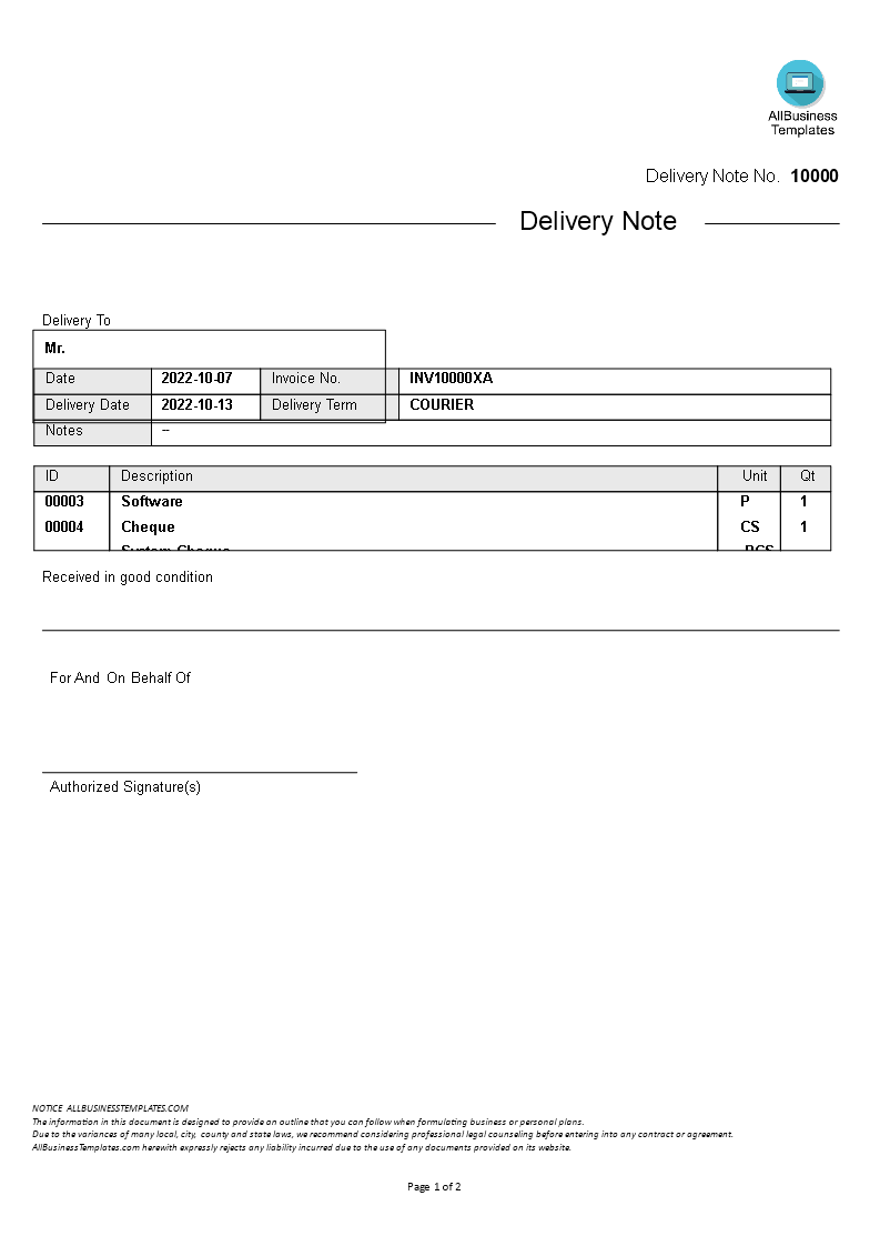 Blank Delivery Note Template | Templates at allbusinesstemplates.com