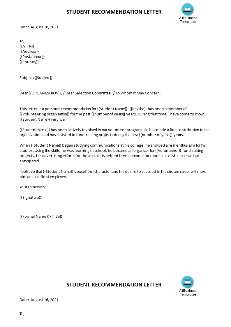 Kostenloses Volunteer Recommendation Letter