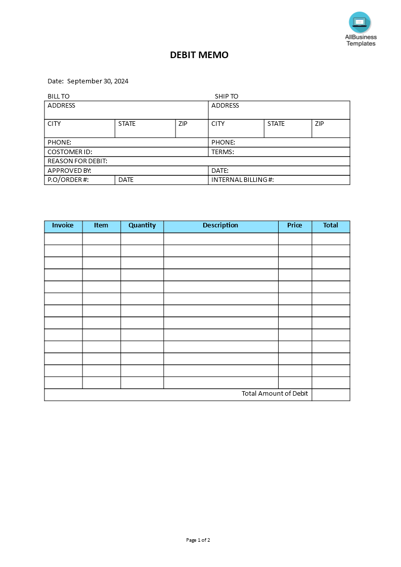 Debit Memo | Templates at allbusinesstemplates.com